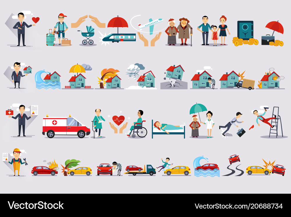 Various types of insurance set life Royalty Free Vector