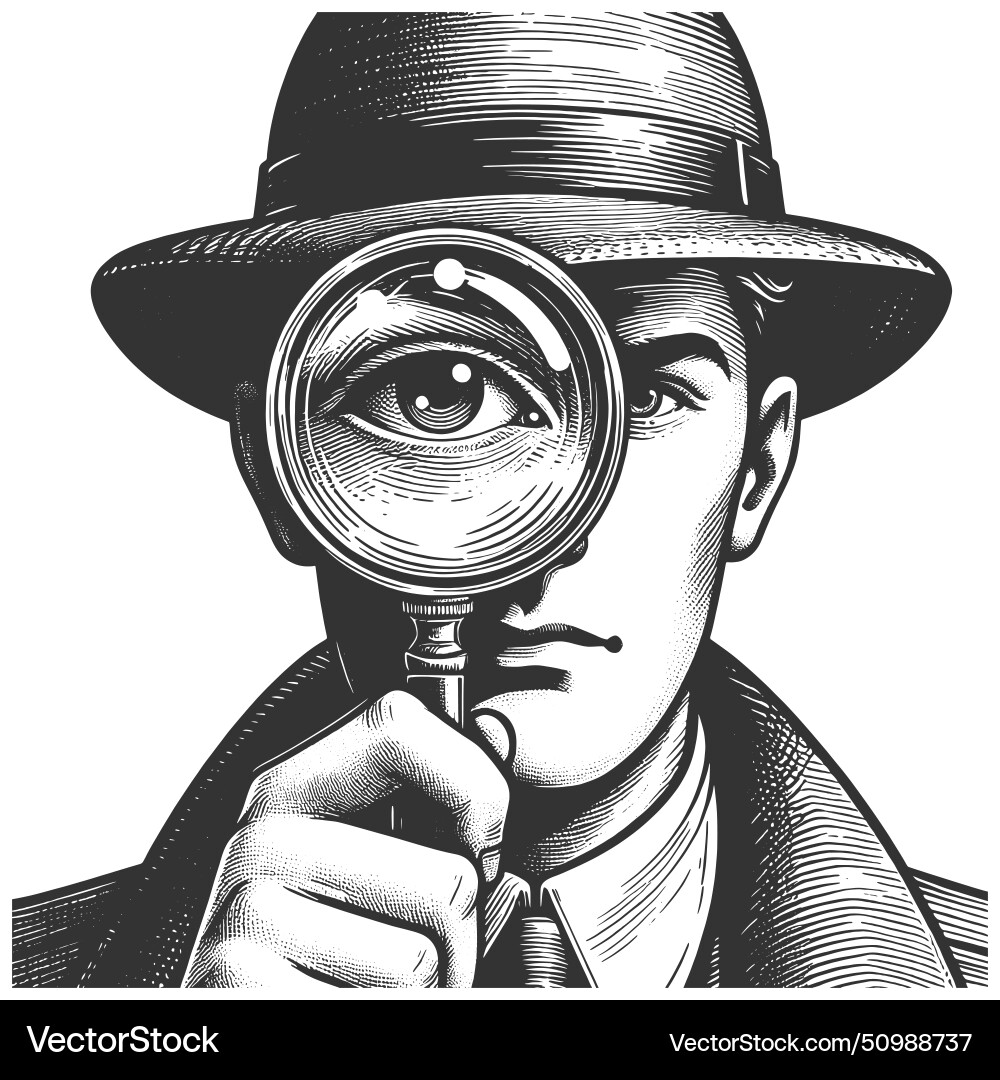 Detective with magnifying glass engraving Vector Image