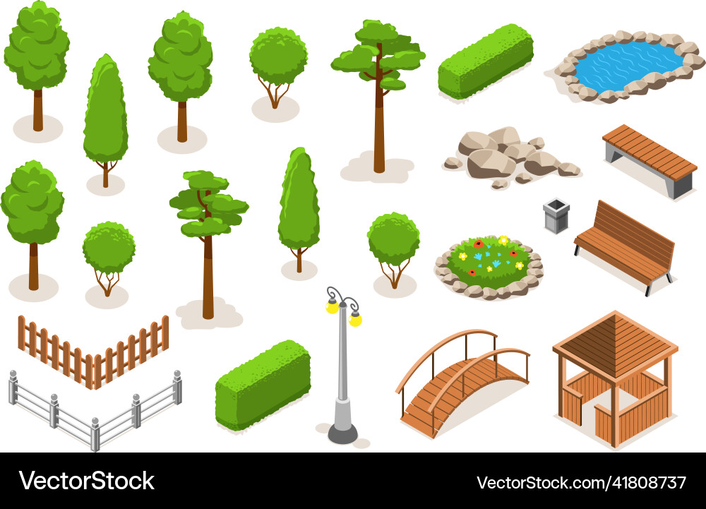 Isometric park landscape elements icon set Vector Image