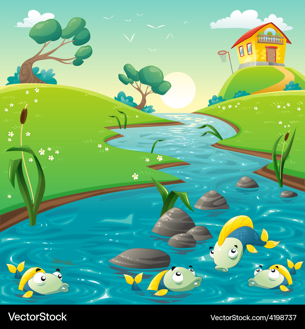Landscape with river and funny fish Royalty Free Vector