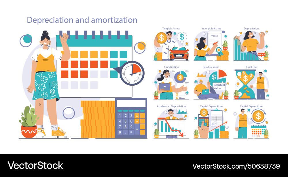 Amortization and depreciation set calculating Vector Image Amortization and depreciation set calculating Vector Image