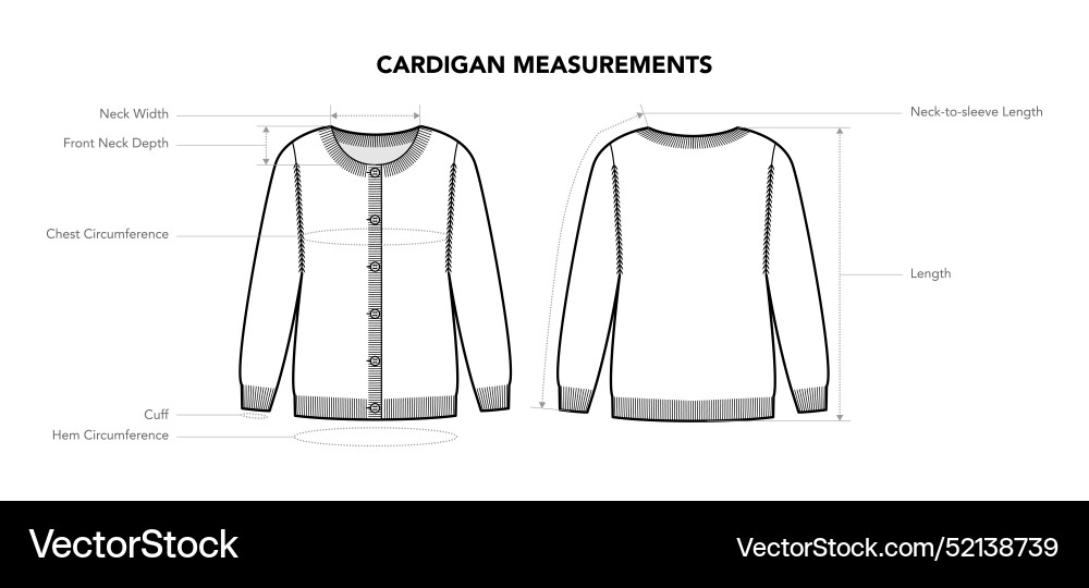 Cardigan measurements diagram with names - width Vector Image