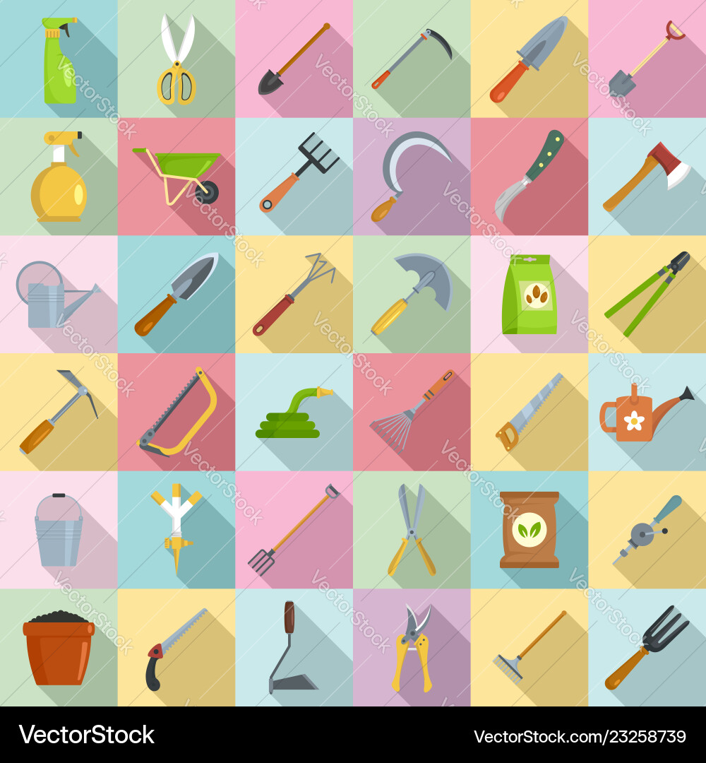 Gardening tools icon set flat style Royalty Free Vector