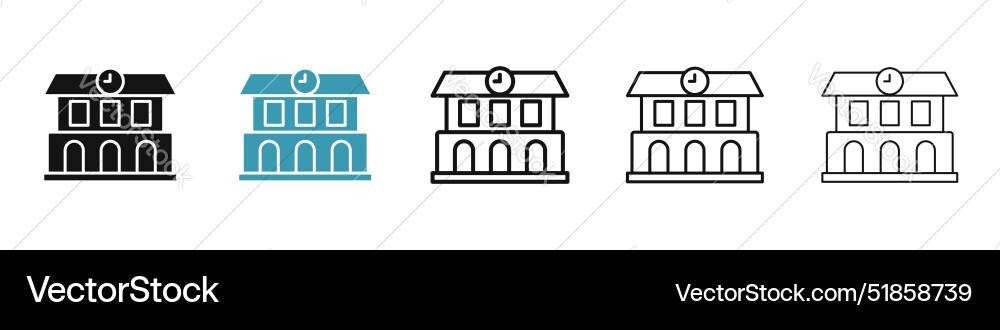 Train station building icon set in black and blue Vector Image