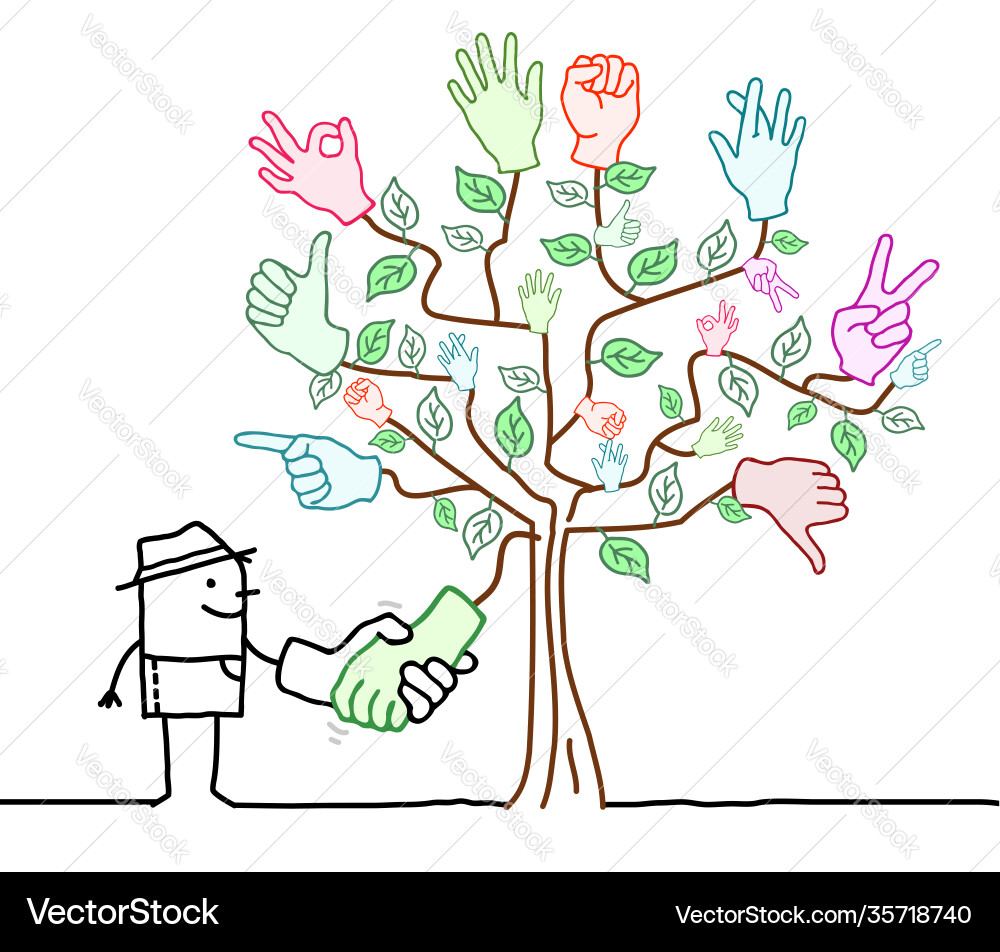 Cartoon gardener shaking hands with a tree Vector Image