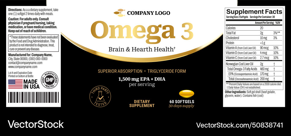 Omega 3 softgels bottle label packaging Royalty Free Vector