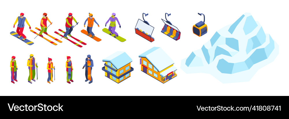 Ski resort isometric color set Royalty Free Vector Image