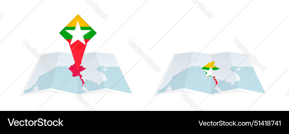 Two versions of an myanmar folded map one with a Vector Image