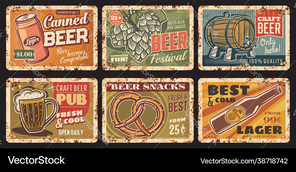 Beer and snacks rusty metal plates rust signs set Vector Image
