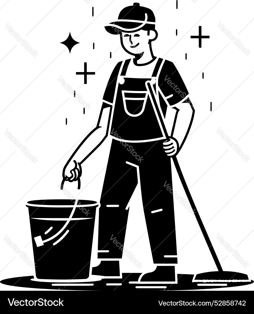 Fresh start man with bucket icon emblem mop magic Vector Image