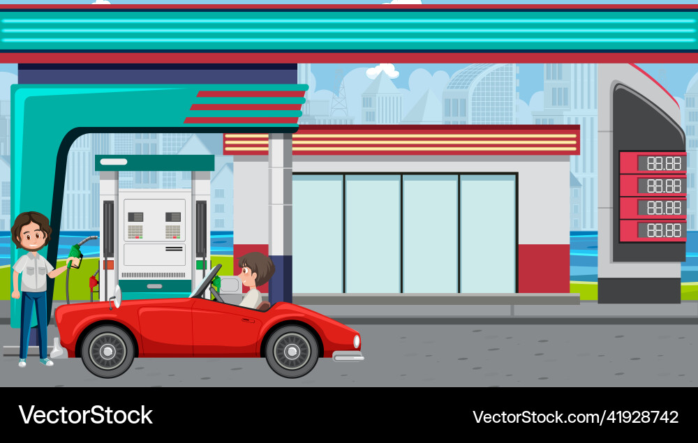 Gas station cartoon scene Royalty Free Vector Image