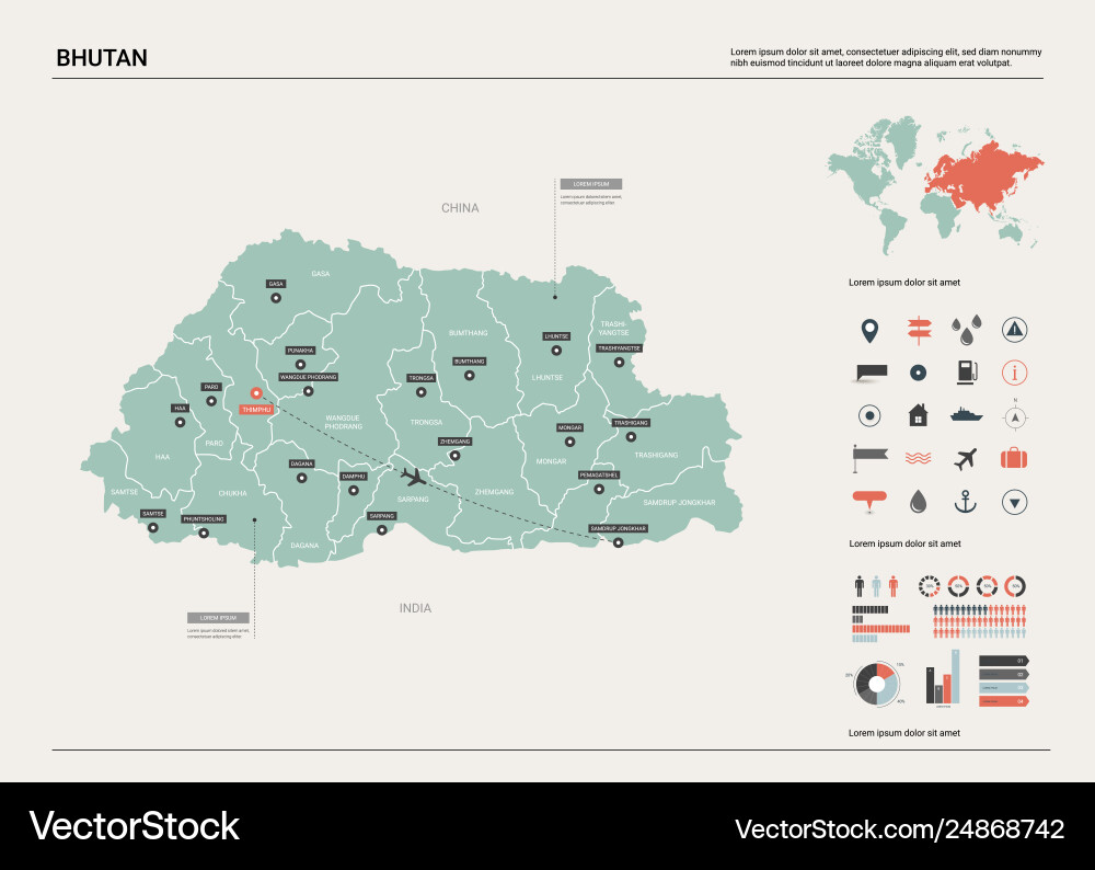 Map bhutan high detailed country Royalty Free Vector Image
