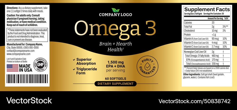 Omega 3 softgels bottle label packaging Royalty Free Vector