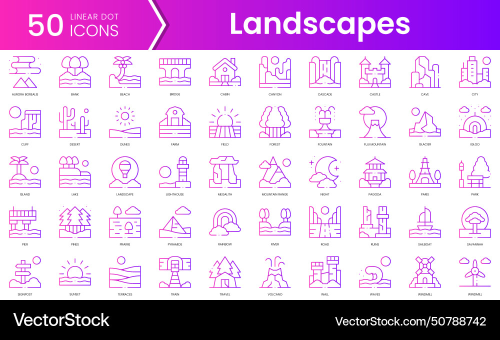 Set of landscapes icons gradient style icon bundle