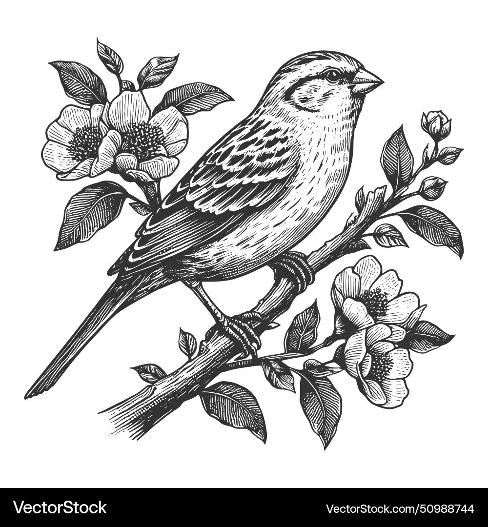Engraved finch onbranch engraving Royalty Free Vector Image