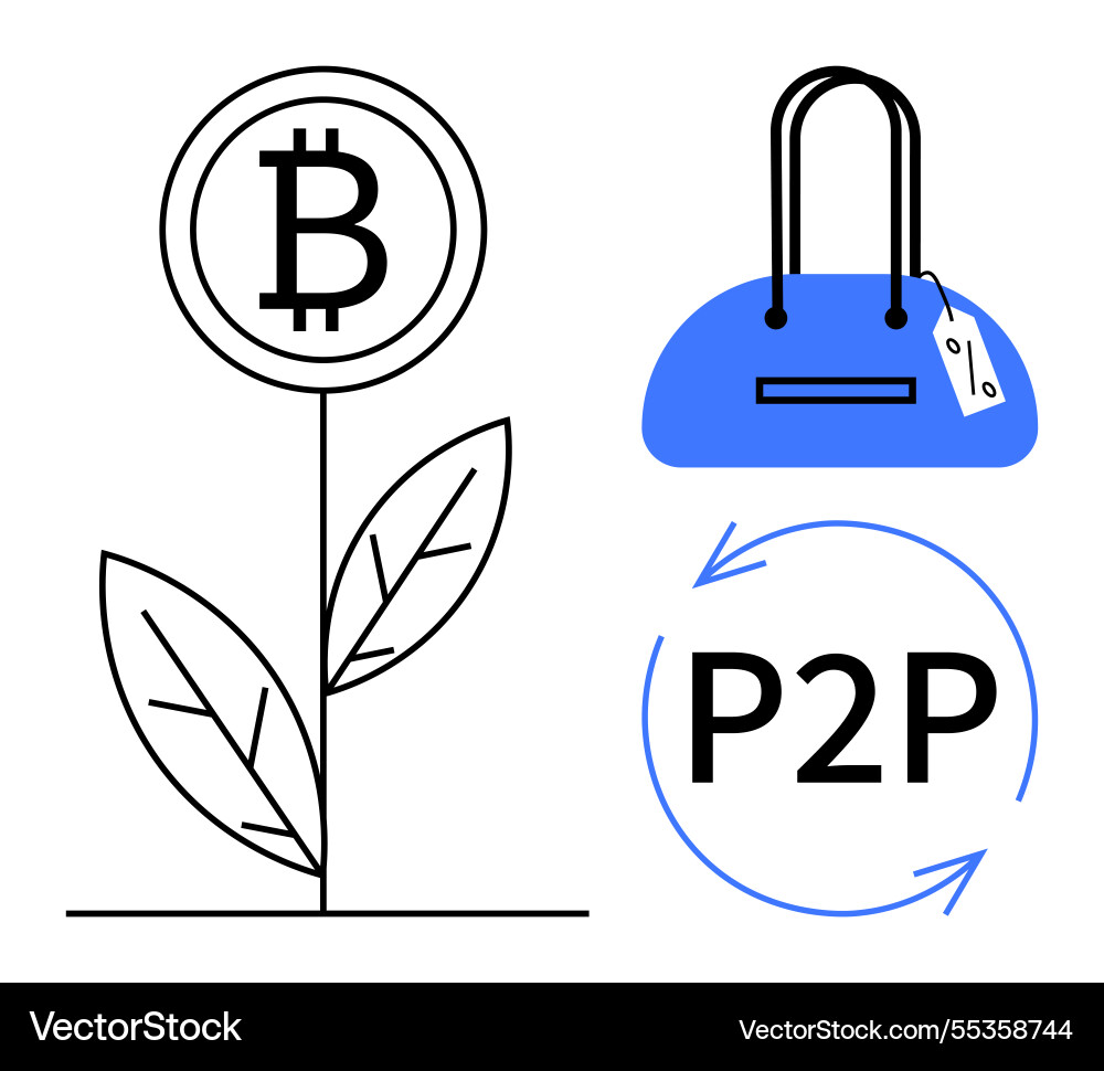 P2p exchange concept with bitcoin plant Royalty Free Vector
