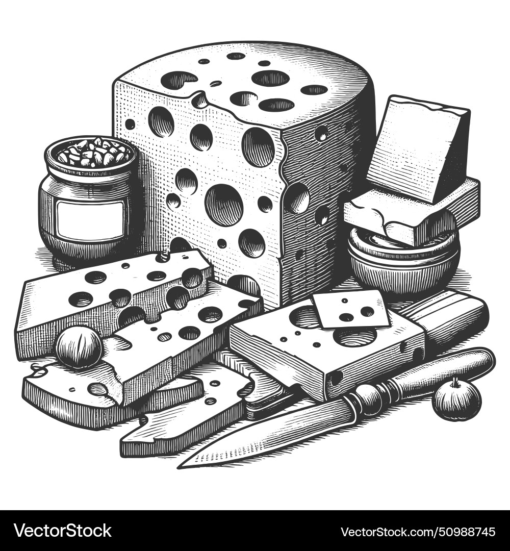 Cheese plate engraving sketch Royalty Free Vector Image