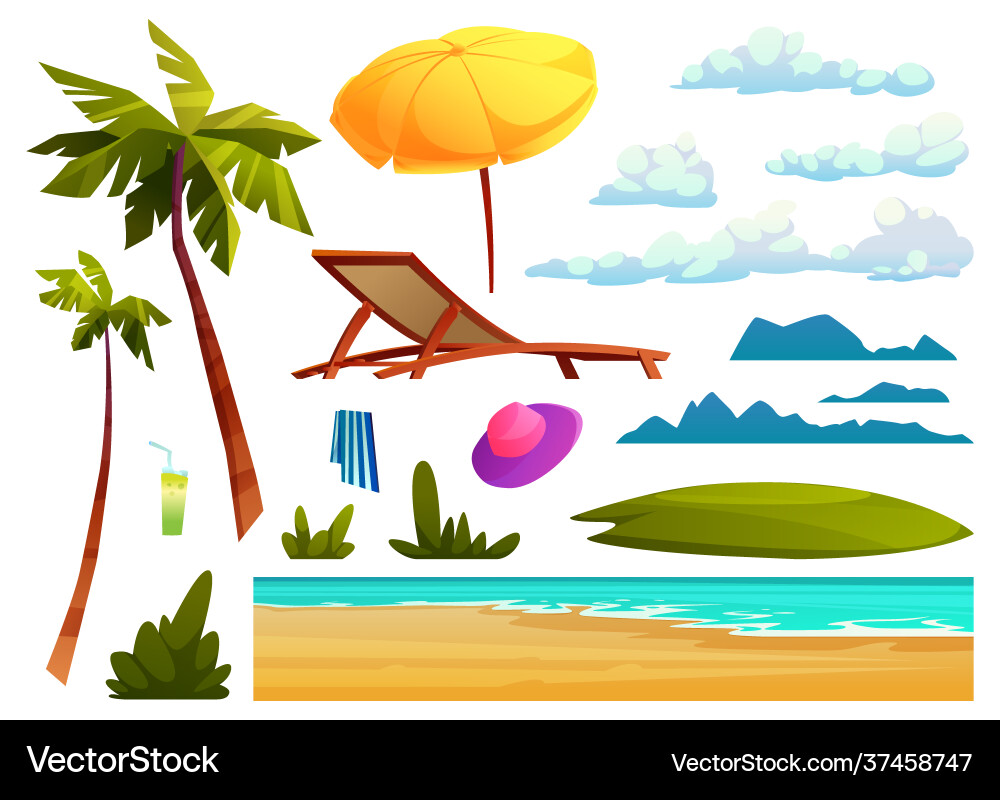 Beach elements set isolated summer cartoon icons Vector Image
