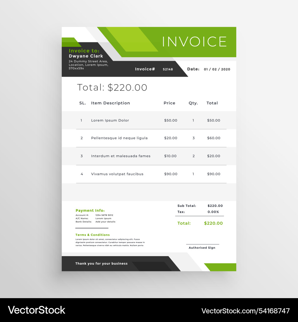 Green business invoice template design Royalty Free Vector