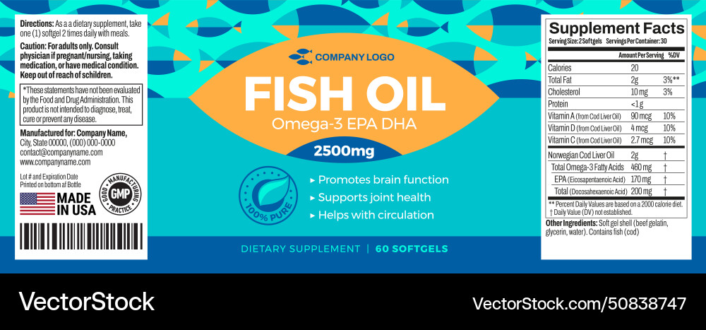 Omega 3 softgels bottle label packaging Royalty Free Vector