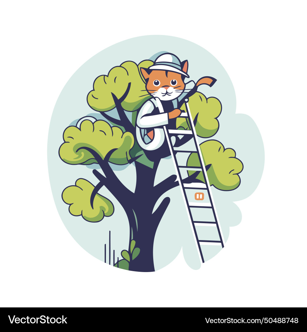 Cute cartoon cat climbing a ladder on tree Vector Image