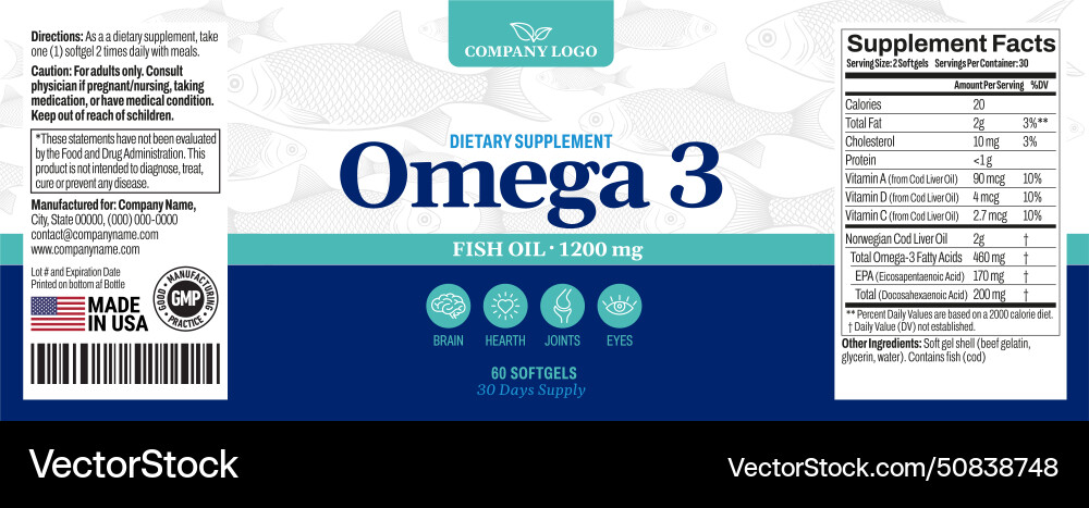 Omega 3 softgels bottle label packaging Royalty Free Vector
