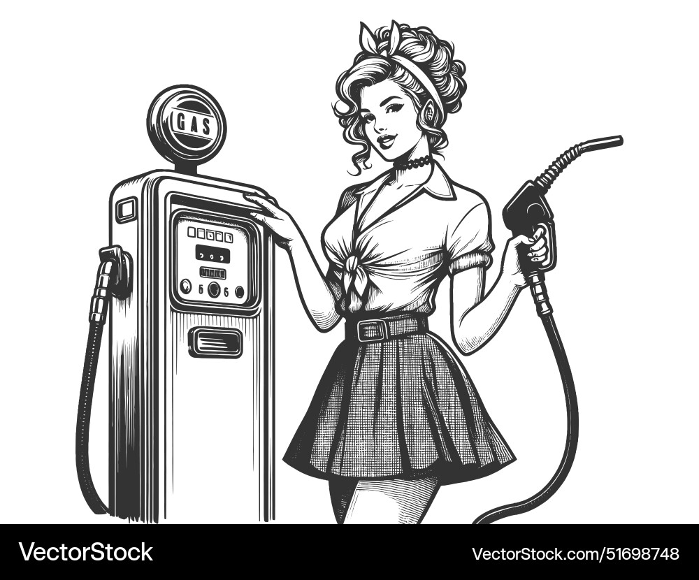 Woman at gas pump engraving Royalty Free Vector Image