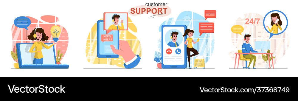 Customer support flat design concept scenes set Vector Image