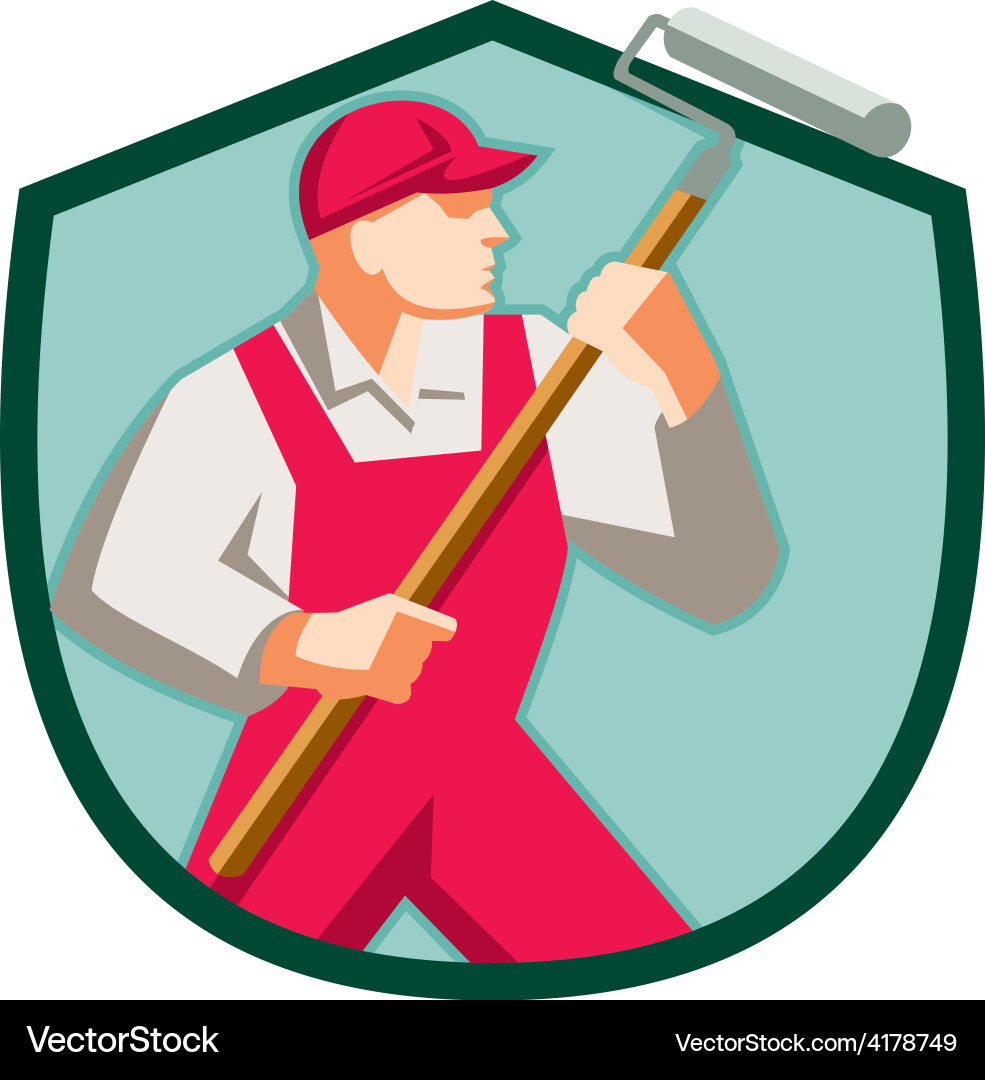 House painter holding paint roller shield retro Vector Image