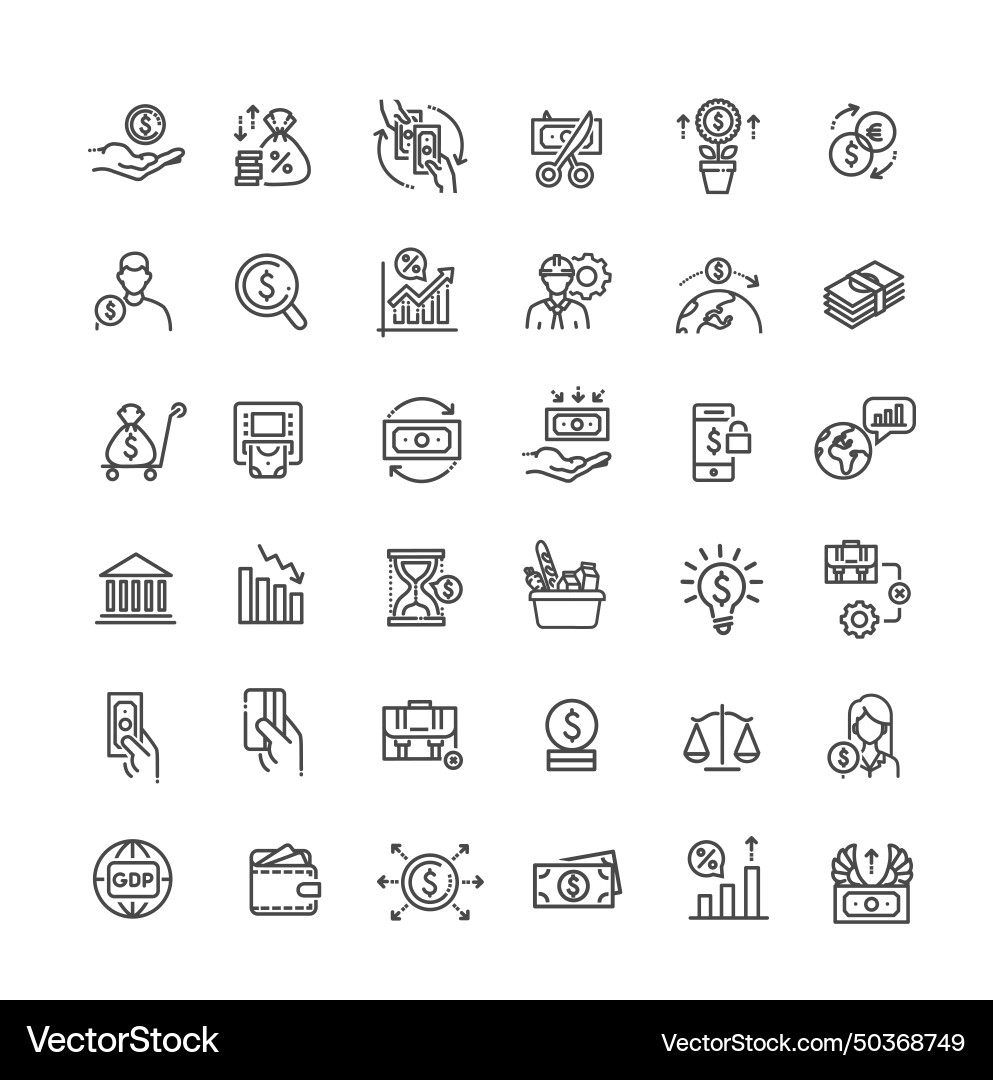 Linear style macro economy icons bundle Royalty Free Vector