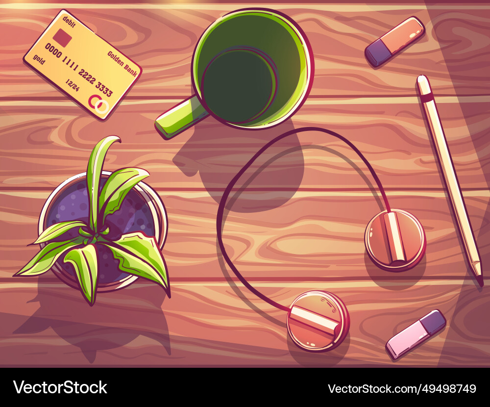 Stylus eraser flower and cup on a wood texture Vector Image