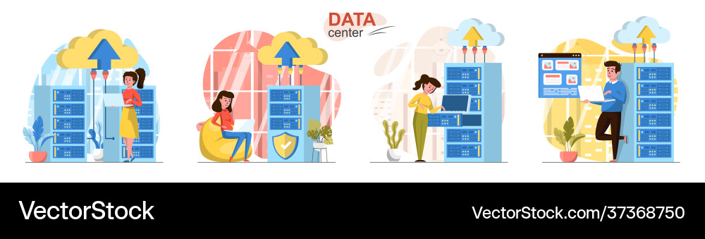 Data center flat design concept scenes set Vector Image
