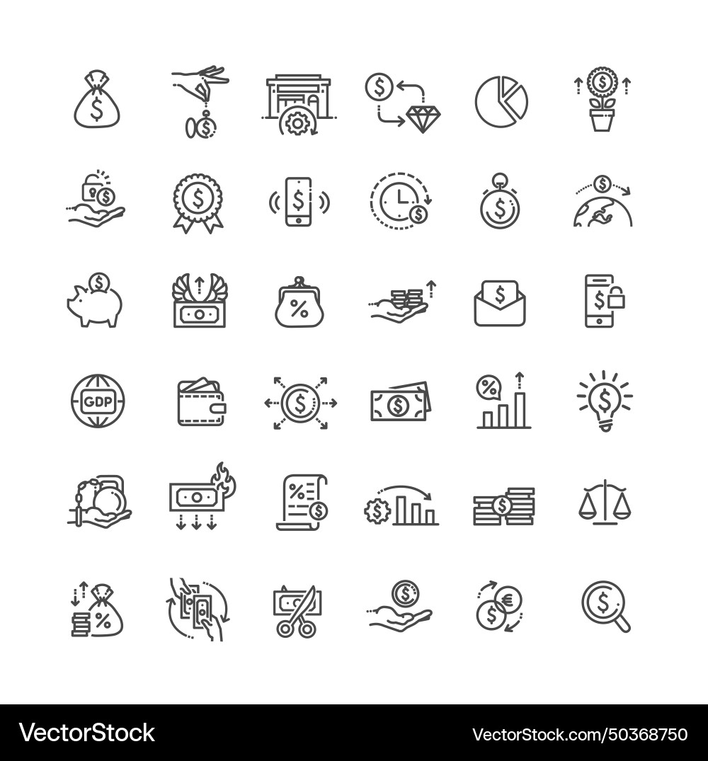 Linear style macro economy icons bundle Royalty Free Vector