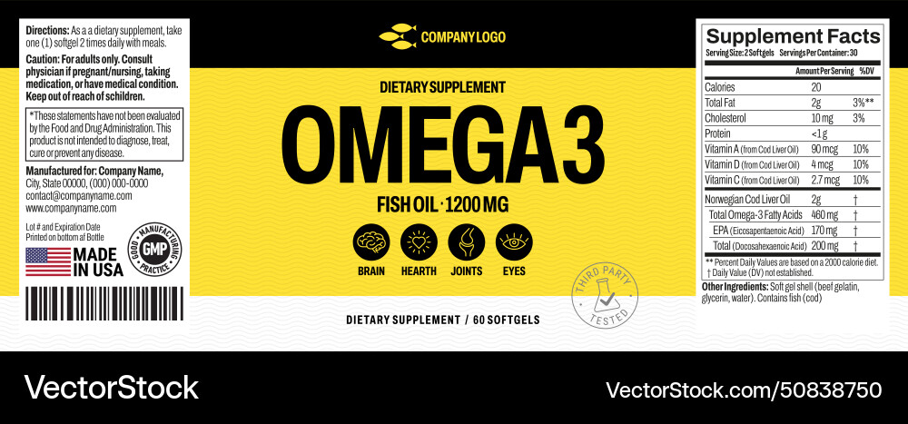 Omega 3 softgels bottle label packaging Royalty Free Vector