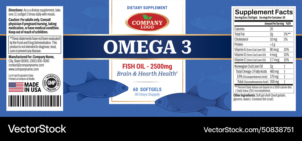 Omega 3 softgels bottle label packaging Royalty Free Vector