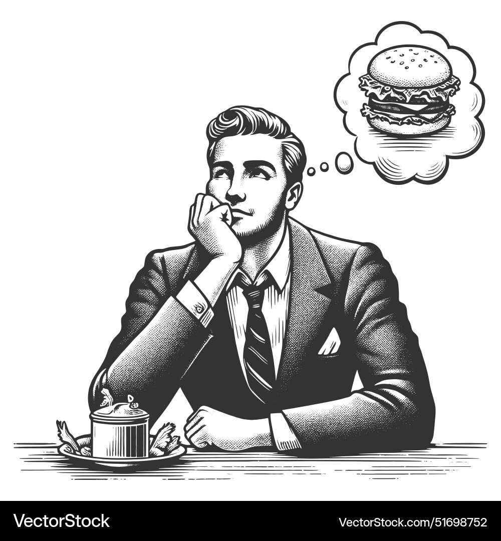 Man thinking about burger engraving Royalty Free Vector