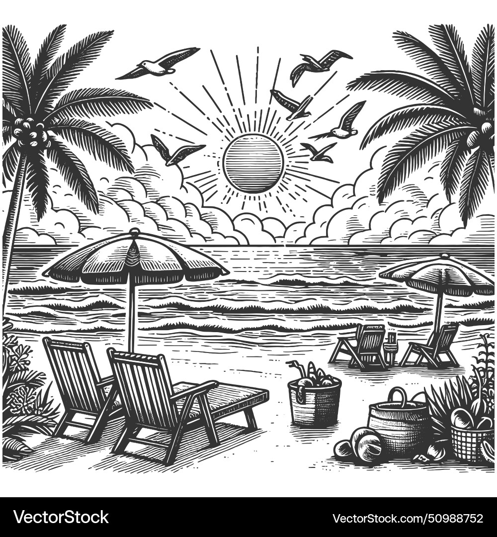 Tropical beach scene engraving Royalty Free Vector Image
