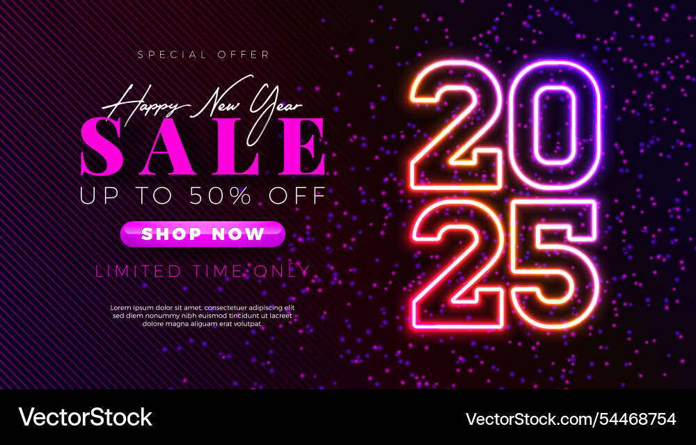 Happy new year sale 2025 design with glowing neon Vector Image