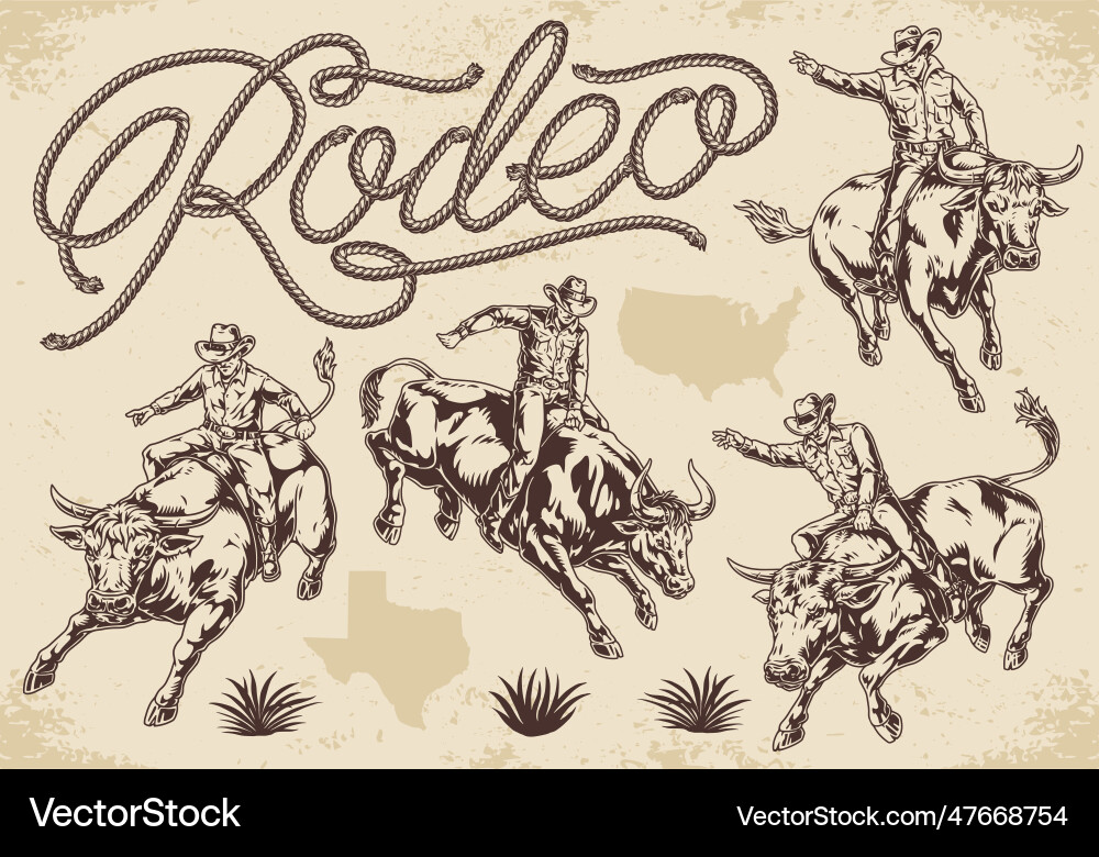 Rodeo arena set stickers monochrome Royalty Free Vector
