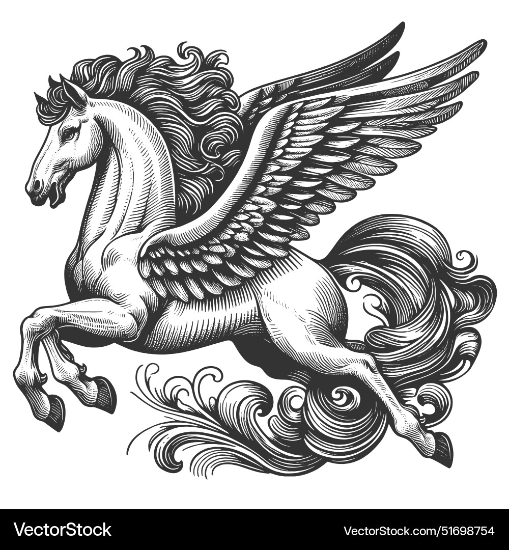 Winged Pegasus Engraving - Mythical Art Royalty Free Vector