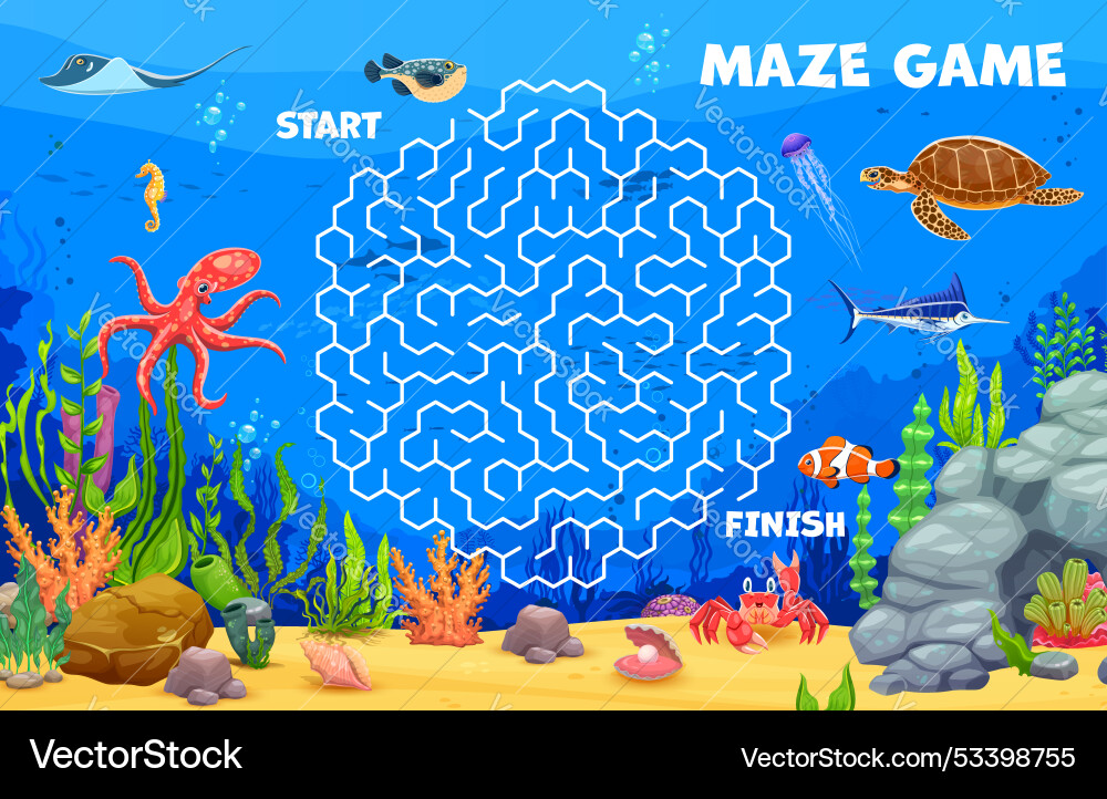 Kids labyrinth maze game with underwater animals Vector Image
