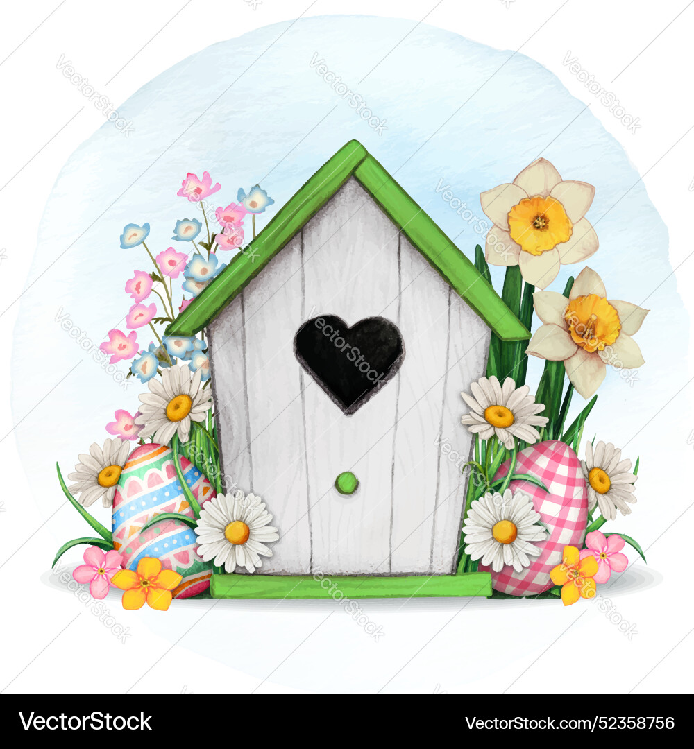 Watercolor hand drawn easter birdhouse Royalty Free Vector