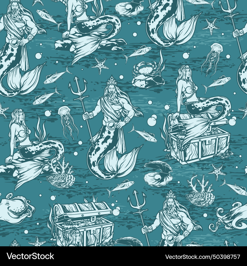 Fairy ocean monochrome pattern seamless Royalty Free Vector