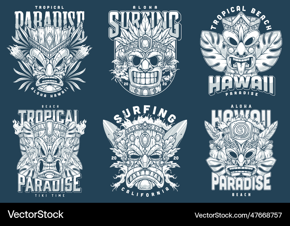 Hawaiian totems set emblems monochrome Royalty Free Vector