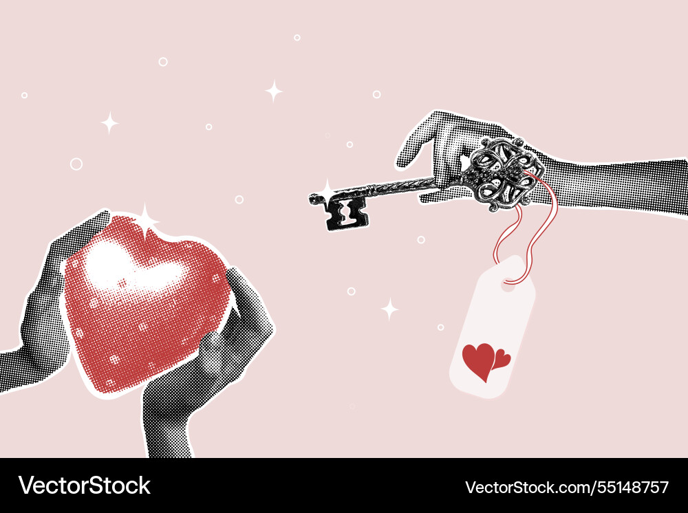 Trendy halftone collageheart key hands gently Vector Image