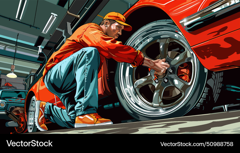 Mechanic tightening car wheel in workshop Vector Image
