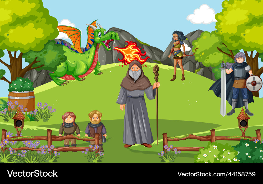 Enchanted scene with medieval cartoon characters Vector Image