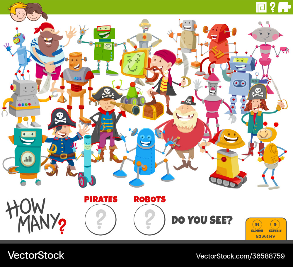 How many cartoon robots and pirates educational Vector Image