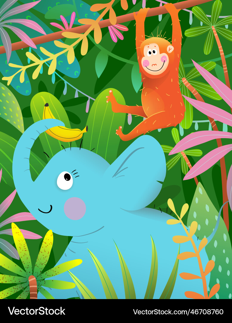 Jungle Monkeys and Elephant Royalty Free Vector Image