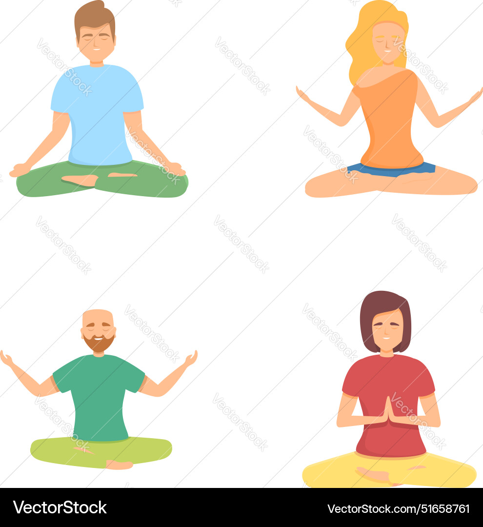 Meditating character icons set cartoon Royalty Free Vector